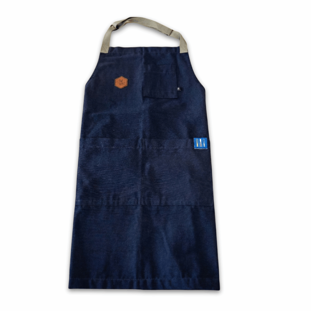 Navy Blue Apron with Leather Patch - Chef Alyssa's Kitchen